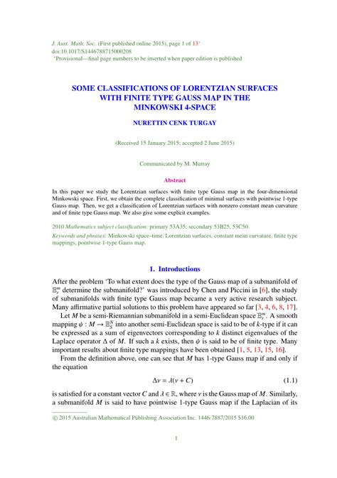 Pdf Some Classifications Of Lorentzian Surfaces With Finite Type Gauss Map In The Minkowski 4