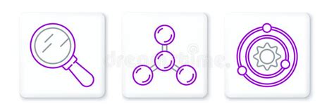 Set Line Solar System Magnifying Glass And Molecule Icon Vector Stock