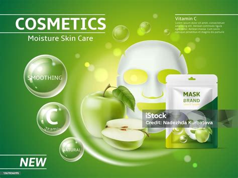 화장품 사과 페이스 마스크 포스터 사실적인 스킨케어 스무딩 제품 과일 산 박리 비타민 C 성분 보습 및 노화 방지 효과 광고
