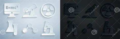 Set Molecule Radioactive Test Tube And Flask Microscope Telescope And Equation Solution Icon
