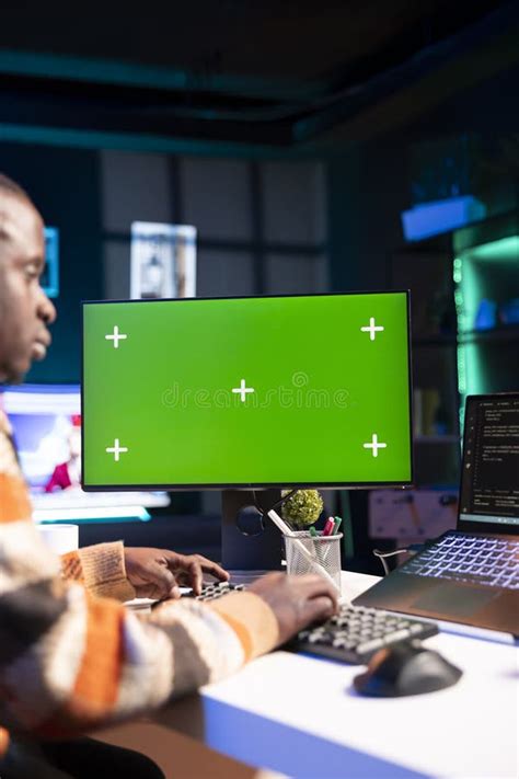 Server Technician Optimizing Program And Next To Green Screen Stock Image Image Of Optimizing