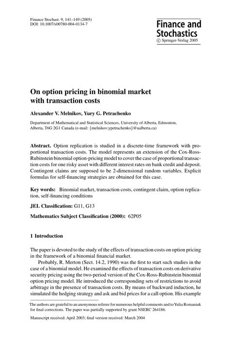 Pdf On Option Pricing In Binomial Market With Transaction Costs