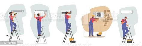 에어컨 시스템 수리 및 설치를 설정하십시오 수리공 설치 검사 및 냉각 장비 수리 에어컨에 대한 스톡 벡터 아트 및 기타 이미지 에어컨 수리 일러스트레이션 Istock