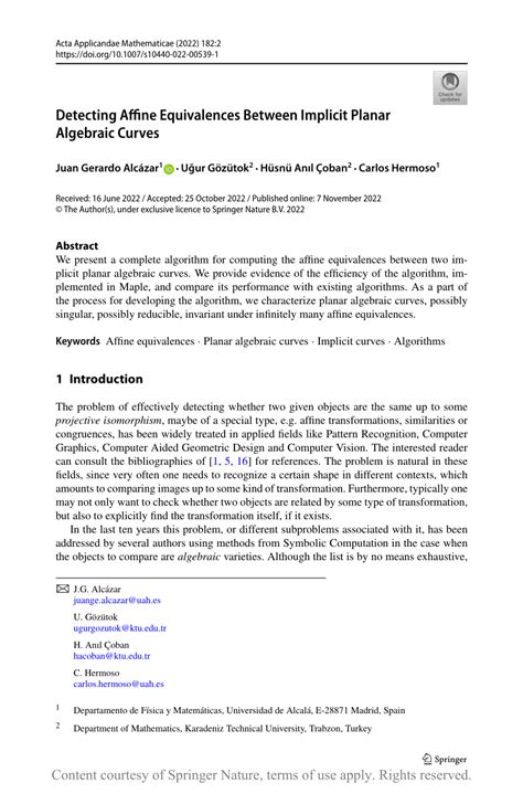 Detecting Affine Equivalences Between Implicit Planar Algebraic Curves Request Pdf