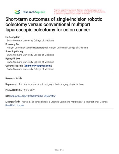 Pdf Short Term Outcomes Of Single Incision Robotic Colectomy Versus