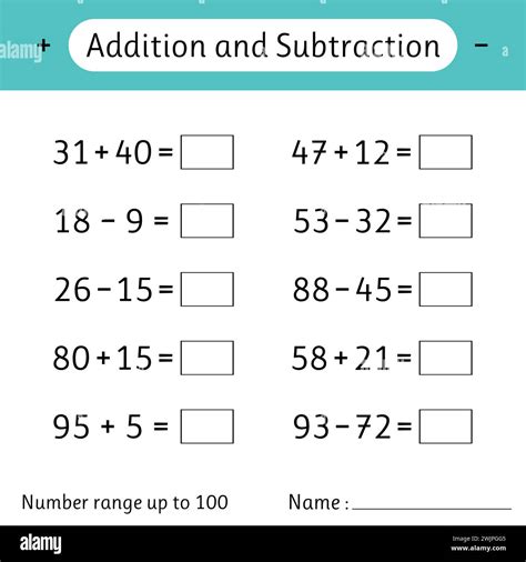 Addition And Subtraction Number Range Up To 100 Math Worksheet For