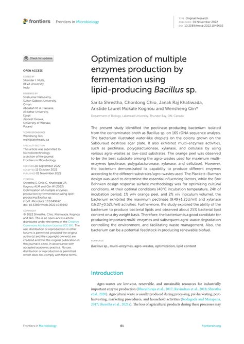 Pdf Optimization Of Multiple Enzymes Production By Fermentation Using Lipid Producing Bacillus Sp