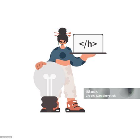 활기찬 아가씨는 프로그래밍 그림이 있는 브라우저 창을 들고 거대한 전구를 닫고 서 있습니다 흰색 기초에 뒤로 당겨졌습니다