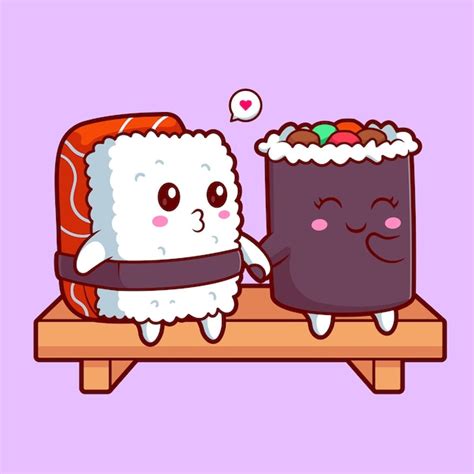 Cute Couple Sushi Salmon And Maki Roll On Plate Cartoon Vector Icon