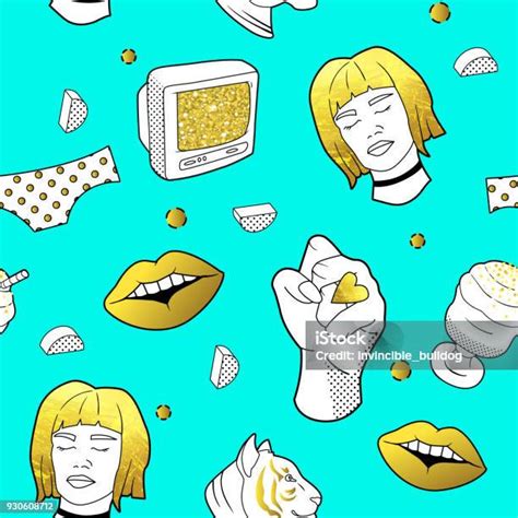 황금 배지 및 패치 팝 아트 스타일에 세련 된 완벽 한 패턴입니다 패브릭 배경 8090 년대 여자와 입술 벡터 일러스트 레이 션 1980 1989 년에 대한 스톡 벡터 아트