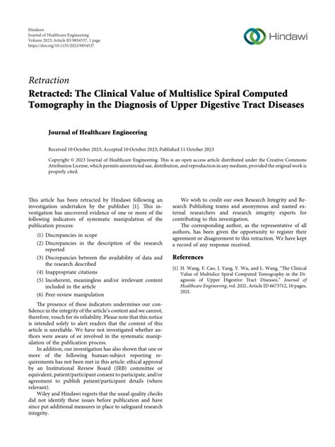 Pdf Retracted The Clinical Value Of Multislice Spiral Computed Tomography In The Diagnosis Of