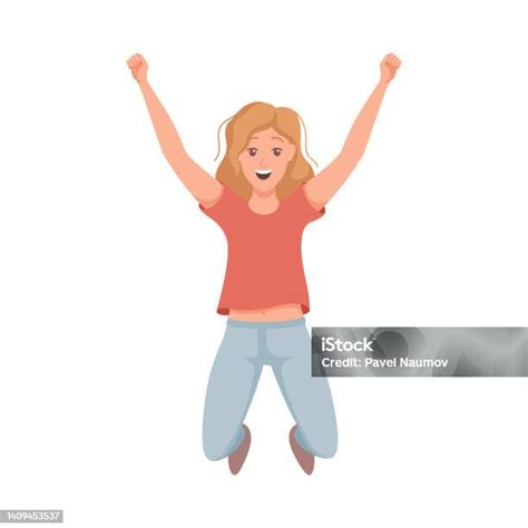 손을 들어 점프하는 행복한 여자 캐릭터 벡터 일러스트 레이 션 벡터에 대한 스톡 벡터 아트 및 기타 이미지 벡터 사람들