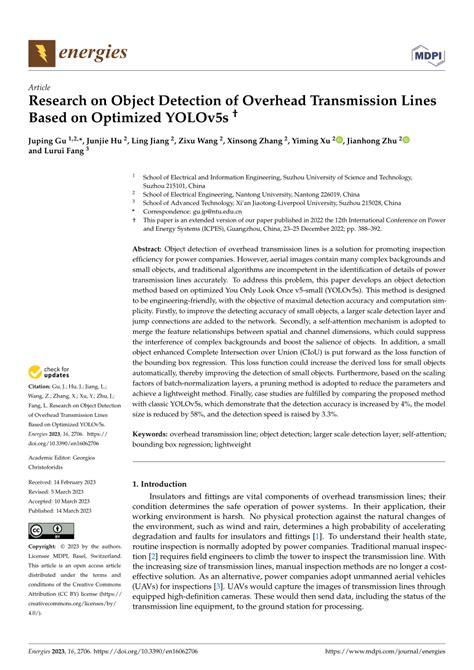 Pdf Research On Object Detection Of Overhead Transmission Lines Based On Optimized Yolov5s