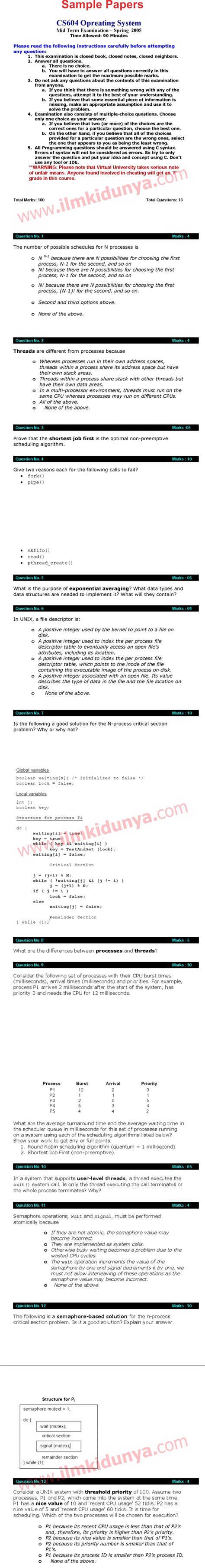 cs604 operating systems mcs vu university past papers 2005 mid term