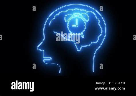 A Blue Neon Outline Shows A Human Head With A Brain And An Alarm Clock Inside The Brain Stock
