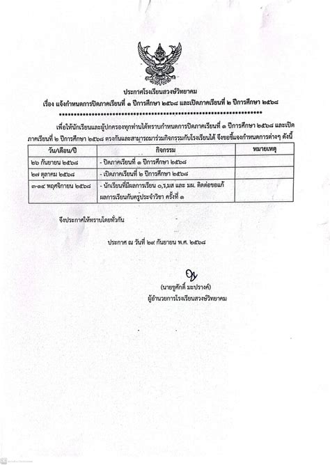 แจ้งกำหนดการปิดภาคเรียนที่ ๑ ปีการศึกษา ๒๕๖๘ และเปิดภาคเรียนที่ ๒ ปีการศึกษา ๒๕๖๘