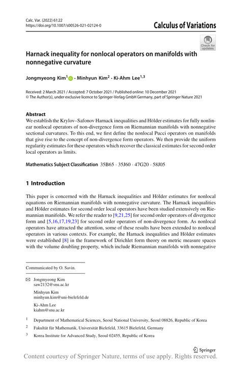 Harnack Inequality For Nonlocal Operators On Manifolds With Nonnegative