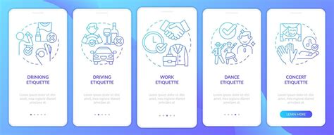 Types Of Etiquette Blue Gradient Onboarding Mobile App Screen Walkthrough 5 Steps Graphic