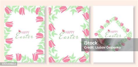 꽃무늬 프레임과 글자가 있는 부활절 카드 모음 식물과 튤립이 있는 장식용 화환 봄 벡터 일러스트 레이 션 4월에 대한 스톡 벡터 아트 및 기타 이미지 Istock