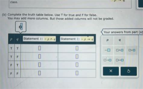 Get Answer Class Bcomplete The Truth Table Belowuse T For True And F For False You May