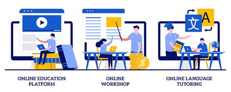 작은 사람들과 온라인 교육 플랫폼 워크샵 및 언어 과외 개념 거리 웹 학습 추상 벡터 일러스트레이션 세트입니다 화상 통화 교육 웨비나 개인 코스 은유 학습에 대한 스톡 벡터