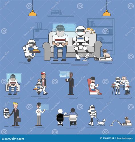 Illustration Of Man Experiencing Vr And Robot Stock Illustration