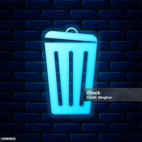 빛나는 네온 휴지통은 벽돌 벽 배경에 격리 아이콘 수 있습니다 쓰레기통 기호입니다 바구니 아이콘을 재활용합니다 사무실 휴지통 아이콘입니다 벡터 일러스트레이션 0명에 대한