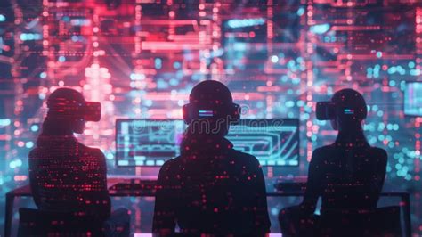 programmers working with virtual reality headsets in futuristic office