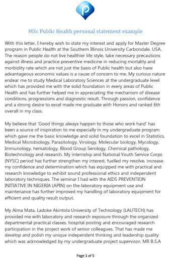 Free Example Personal Statement Msc Public Health Application