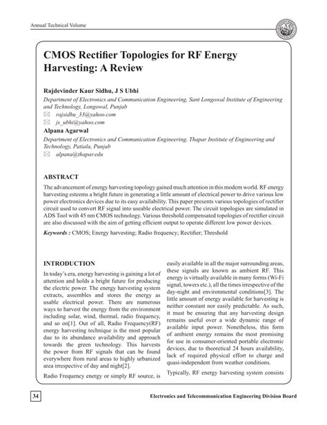 Pdf Cmos Rectifier Topologies For Rf Energy Harvesting A Review