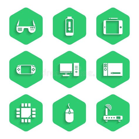 Set Computer Monitor Mouse Router And Wi Fi Signal Graphic Tablet Processor With