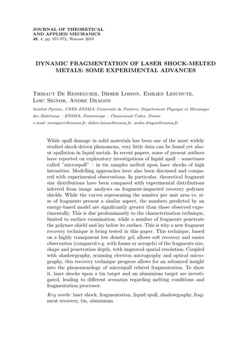 Pdf Dynamic Fragmentation Of Laser Shock Melted Metals Some Experimental Advances