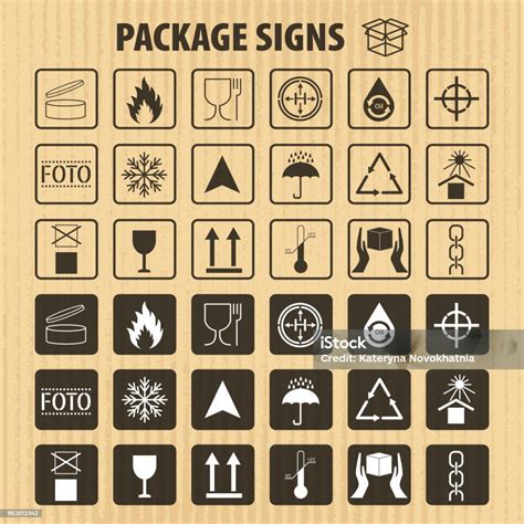 벡터 벡터 마분지 배경에 포장 기호 재활용 깨지기 쉬운 제품의 수명 인화성 비 독성 물자 이 쪽 다른 기호를 포함 하 여 설정 아이콘을 배송 합니다 포장 판지 상자에 사용