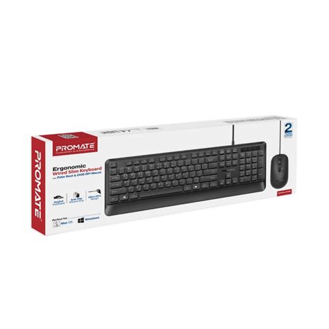 Promate Wired Keyboard And Mouse Combo Ergonomic Slim Full Size Quiet Keyboard With 2400 Dpi