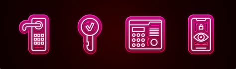 Set Line Digital Door Lock Key House Intercom System Dan Eye Scan Ikon Neon Bercahaya Vektor