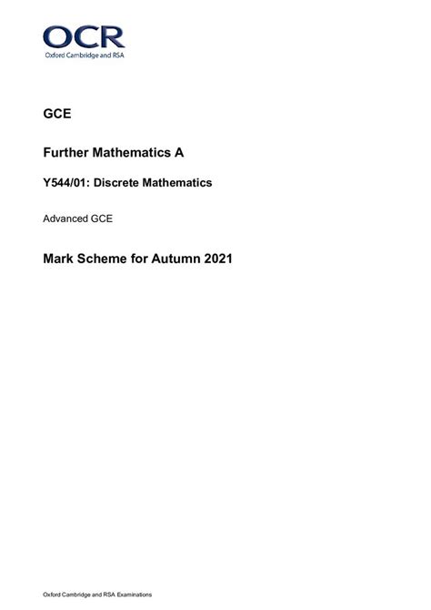 Ocr Gce Further Mathematics A Y54401 Discrete Mathematics Advanced Gce Mark Scheme For Autumn 2021