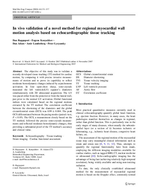 Pdf In Vivo Validation Of A Novel Method For Regional Myocardial Wall Motion Analysis Based On