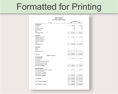 Balance Sheet Excel And Google Sheet Template Small Business Etsy