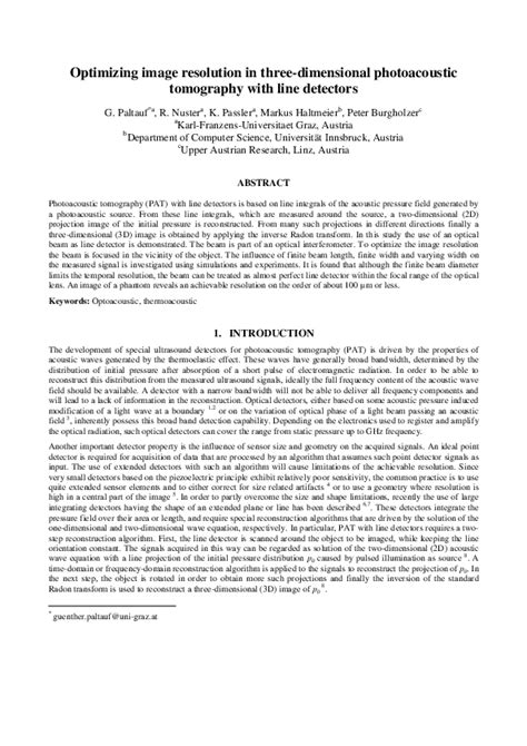 Pdf Optimizing Image Resolution In Three Dimensional Photoacoustic Tomography With Line Detectors
