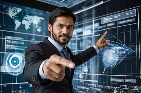 Businessman Pointing At His Presentation On The Futuristic Digital Screen Premium Ai Generated