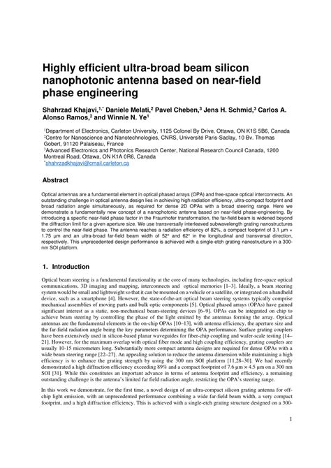 Pdf Highly Efficient Ultra Broad Beam Silicon Nanophotonic Antenna Based On Near Field Phase