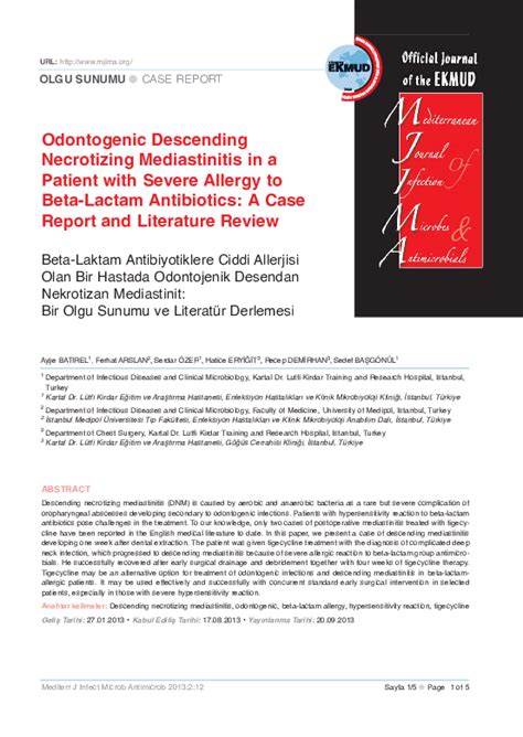 Pdf Odontogenic Descending Necrotizing Mediastinitis In A Patient With Severe Allergy To Beta