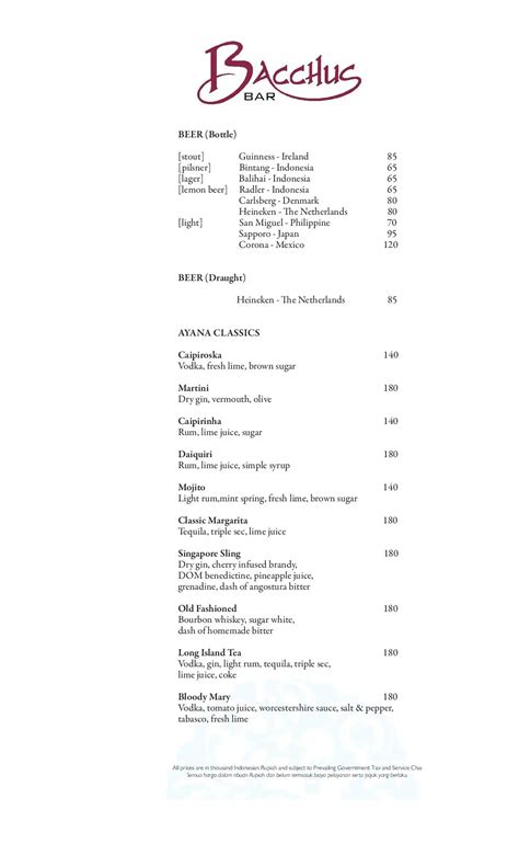 Menu At Bacchus Bar Central Jakarta