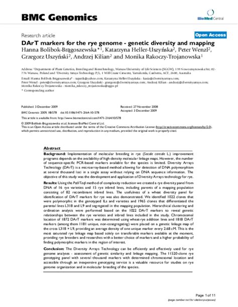 Pdf Dart Markers For The Rye Genome Genetic Diversity And Mapping