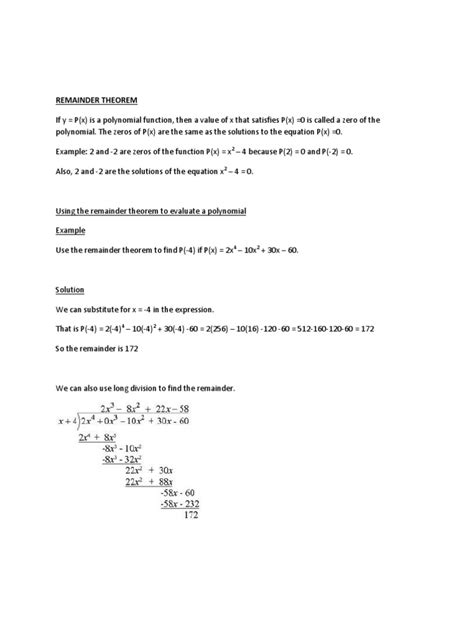 Remainder Theorem Pdf Factorization Polynomial