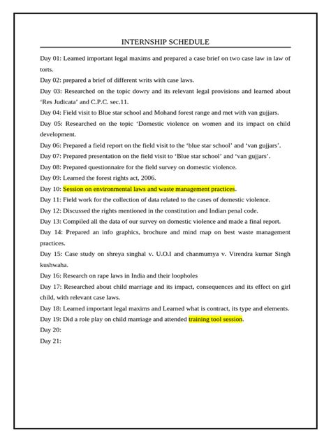 Internship Schedule Legal Research And Fieldwork Pdf