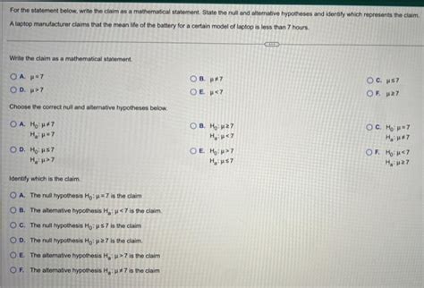 solved for the statement below write the claim as a