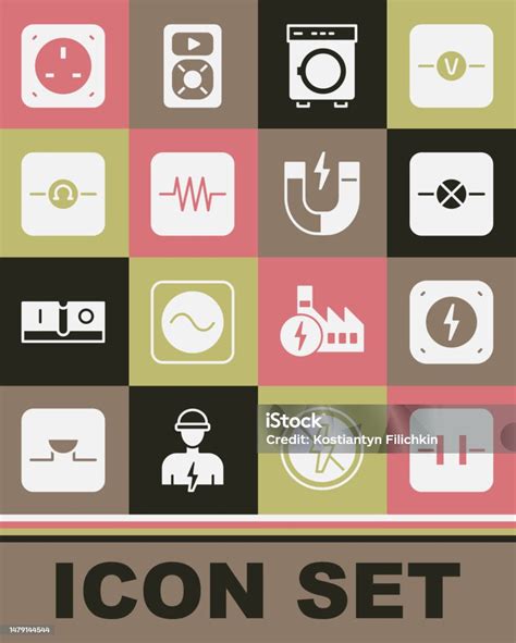 전해 커패시터 번개 볼트 램프 전자 회로 와셔 저항기 저항계 전기 콘센트 및 자석 아이콘을 설정합니다 벡터 고압 전류 주의에 대한 스톡 벡터 아트 및 기타 이미지 Istock