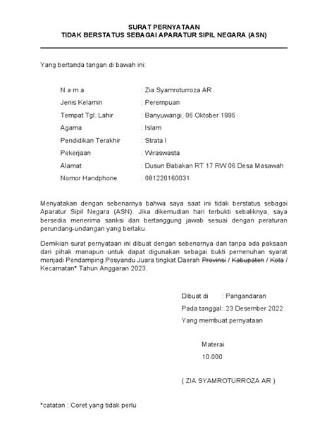 Surat Pernyataan Tidak Berstatus Sebagai Asn Pdf