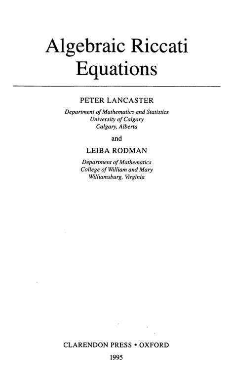 Pdf Algebraic Riccati Equations